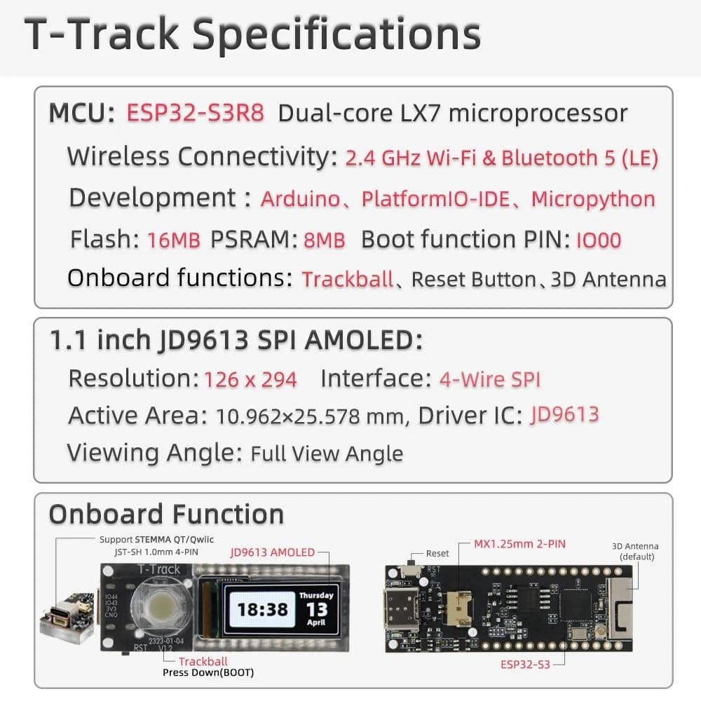 LILYGO- T-Track ESP32-S3 AMOLED Trackball Development Board ESP32-S3R8 WiFi Bluetooth 1,1-calowy ...